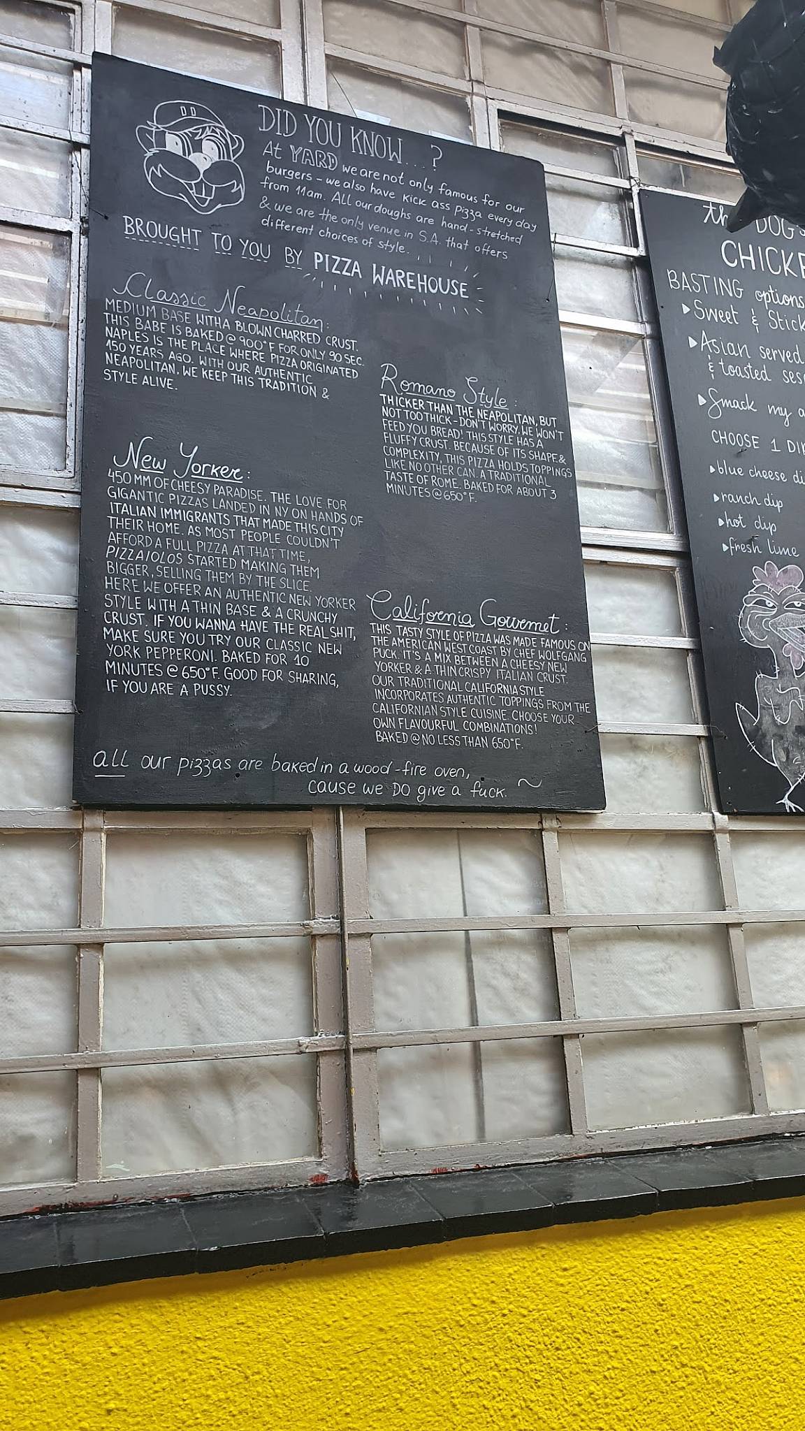 Menu at The Dog's Bollocks at YARD restaurant, Cape Town