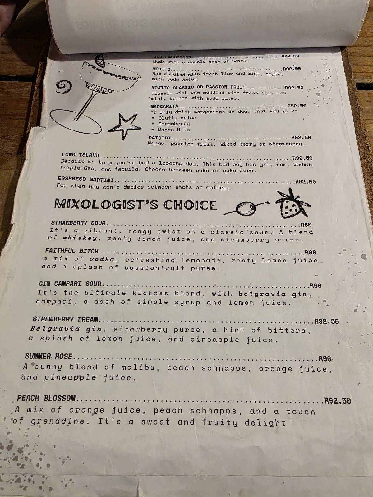 Menu at The Dog's Bollocks at YARD restaurant, Cape Town