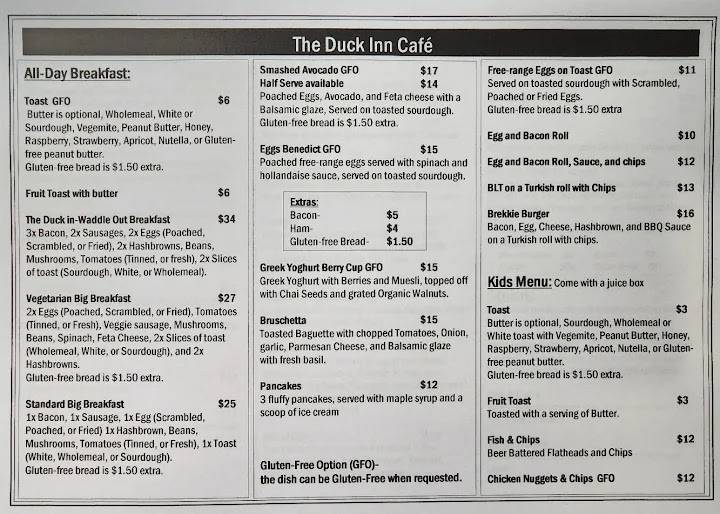 Menu at The Duck Inn Cafe, Broadford