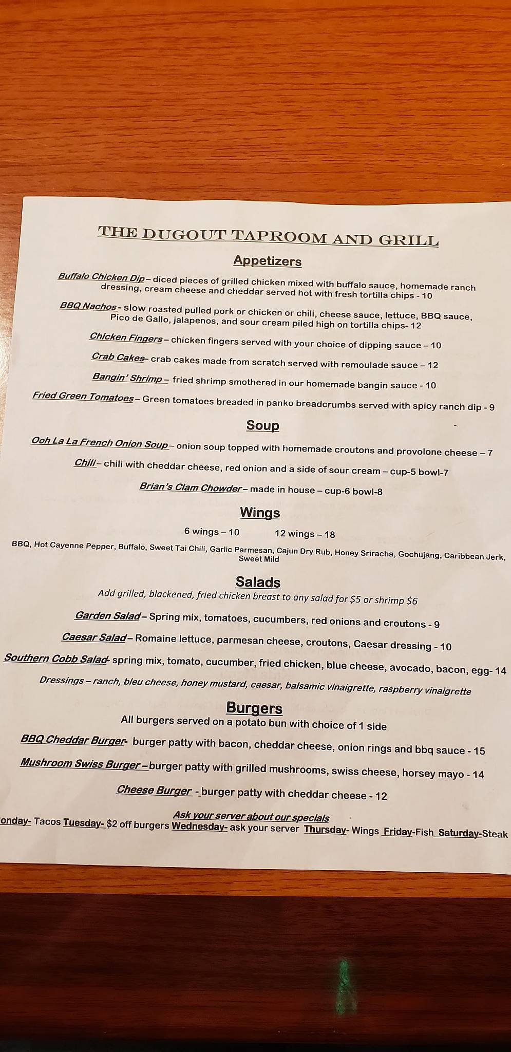 Menu at The Dugout Sports Bar and Taphouse, Hendersonville