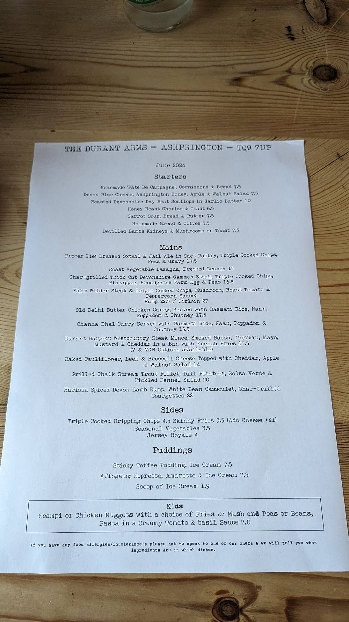 Menu at The Durant Arms pub & bar, Totnes