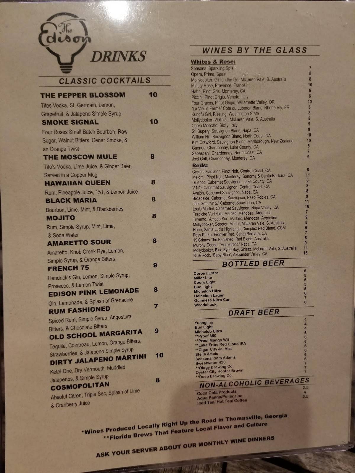 Menu at The Edison - Restaurant Tallahassee, Tallahassee