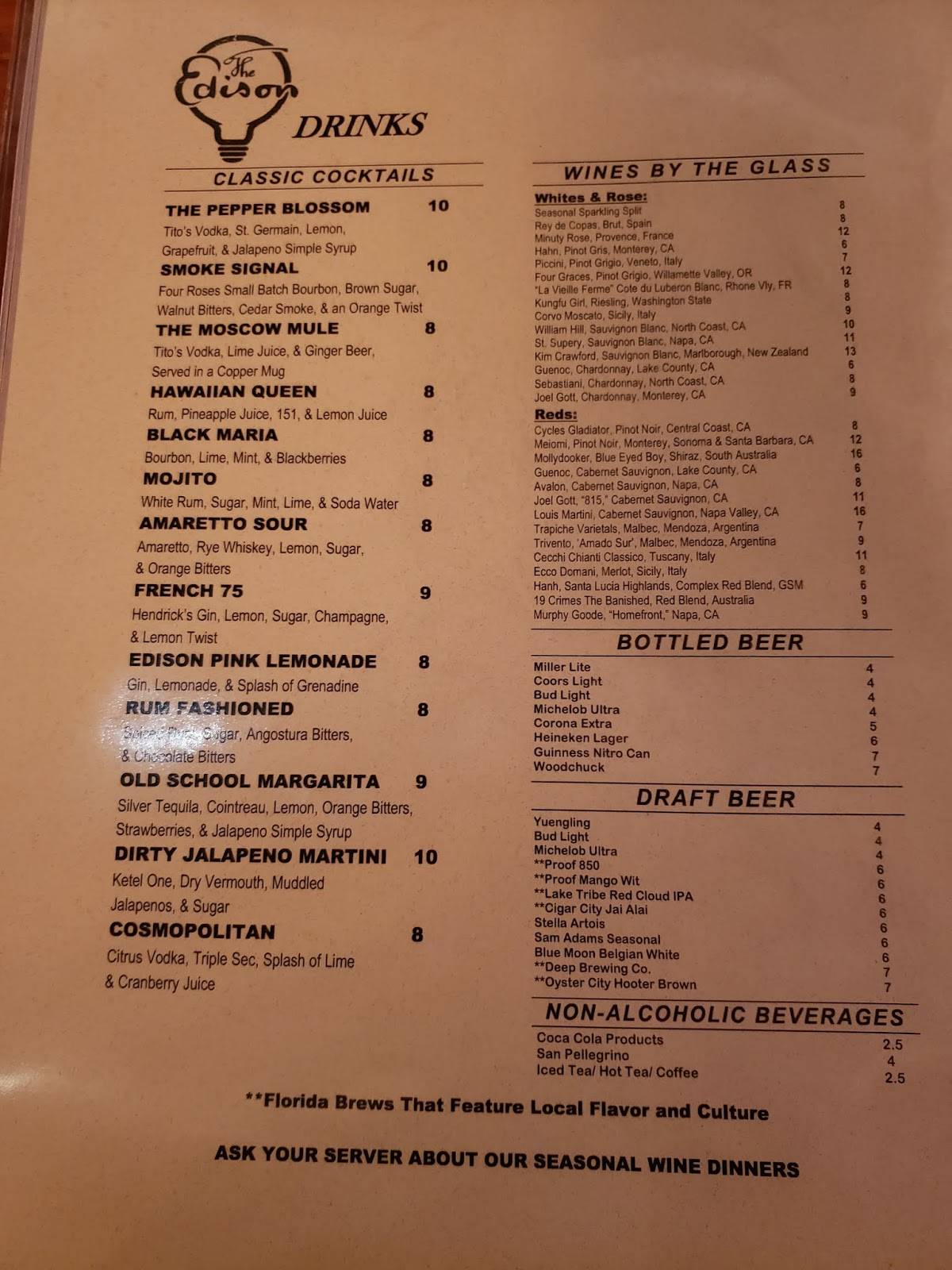 Menu at The Edison - Restaurant Tallahassee, Tallahassee
