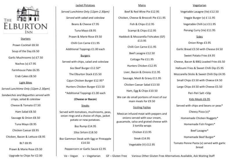 Menu at The Elburton Inn pub & bar, Plymouth