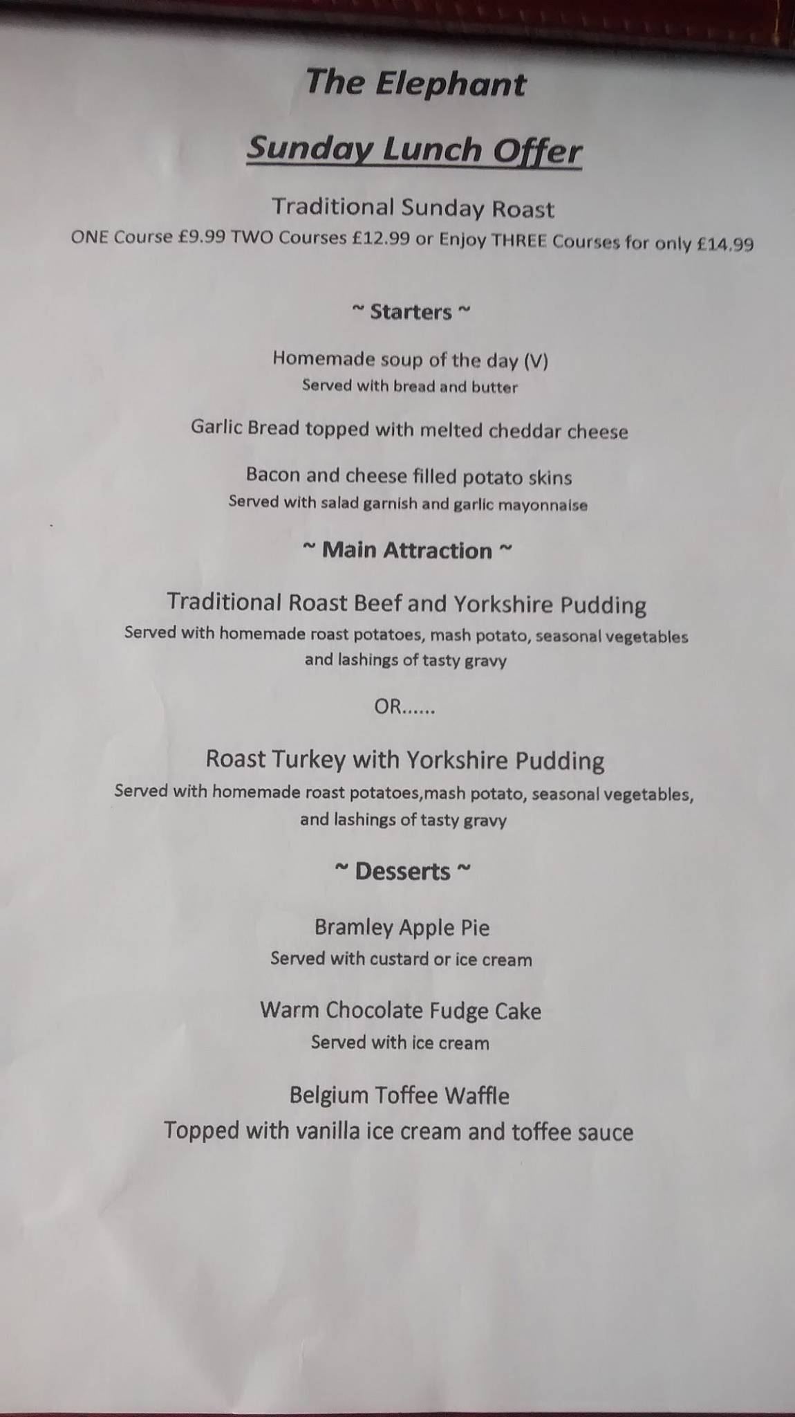 Menu at The Elephant pub & bar, Crewe, 289 Newcastle Rd