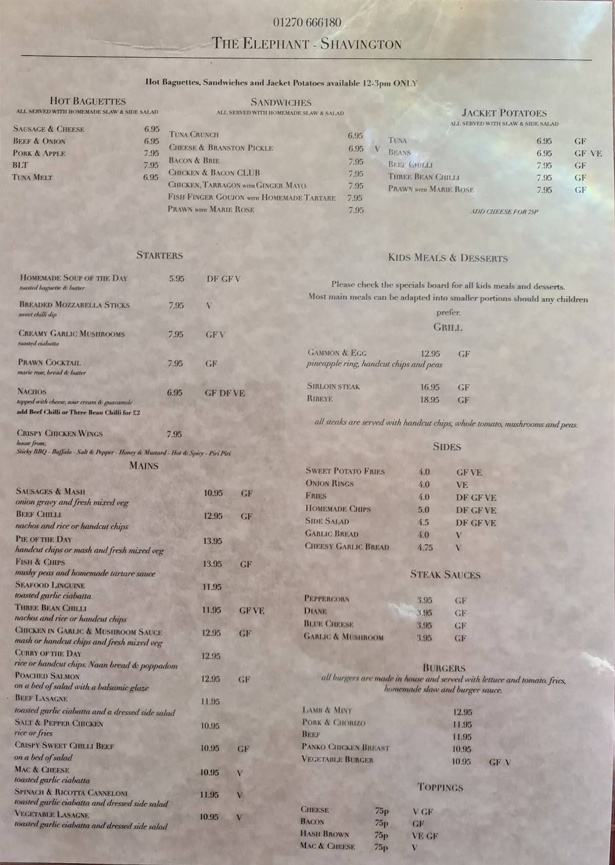 Menu at The Elephant pub & bar, Crewe, 289 Newcastle Rd