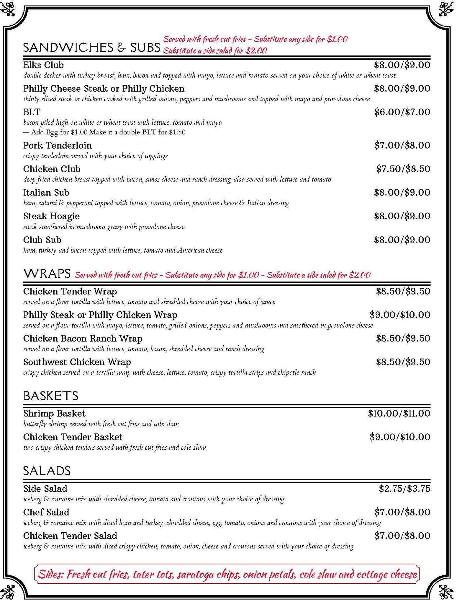 Menu at The Elks #797 Wilmington OH pub & bar, Wilmington