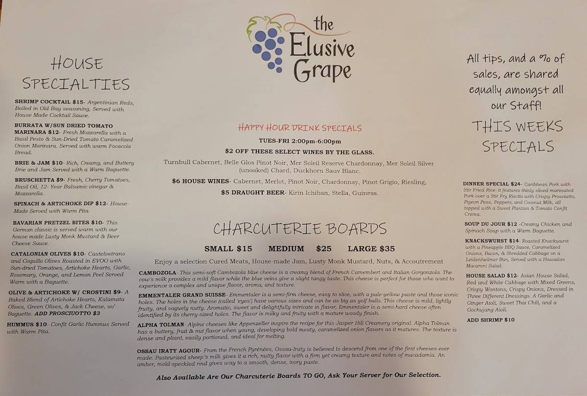 Menu at The Elusive Grape pub & bar, DeLand