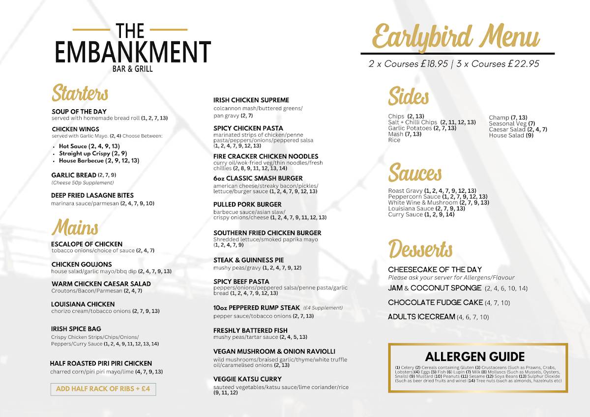 Menu at The Embankment Bar & Grill, Londonderry