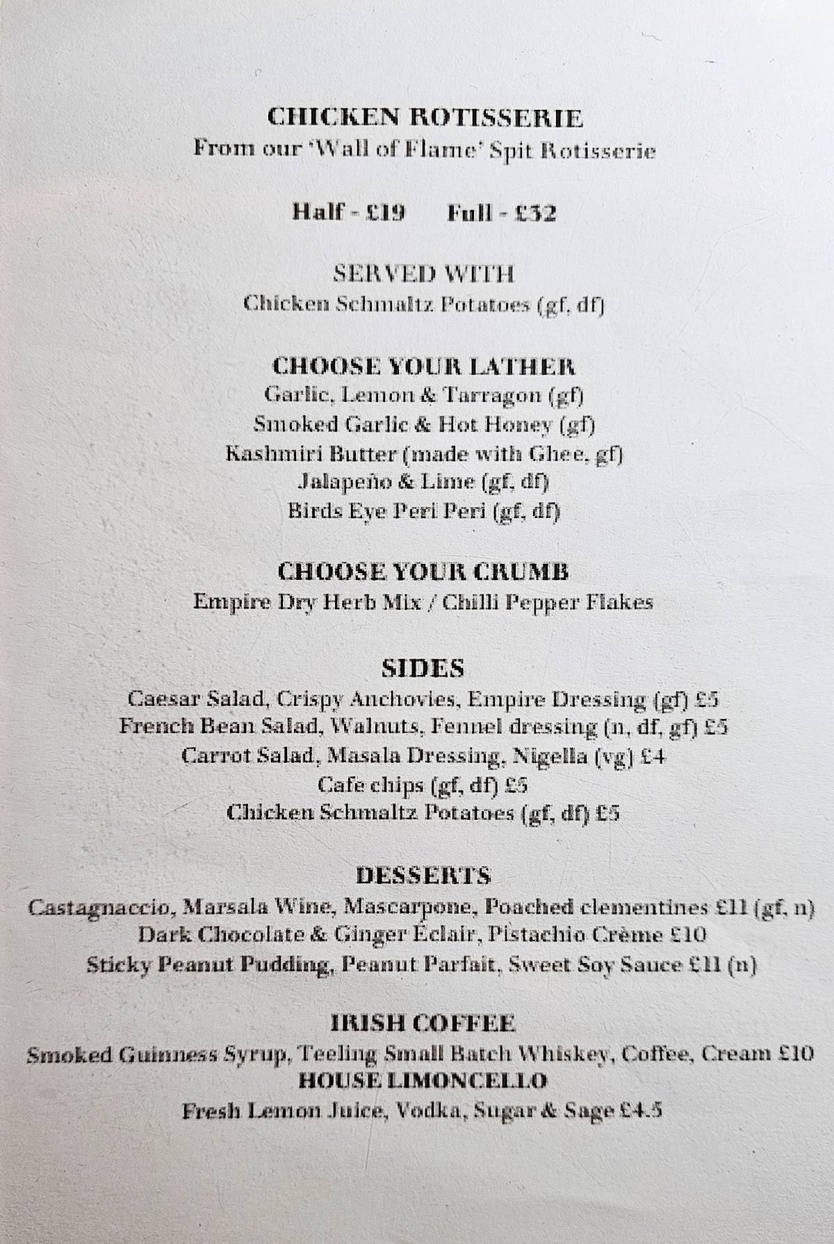 Menu at The Empire Cafe, Leeds, 6 Fish St