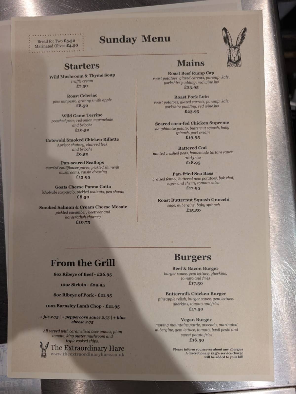 Menu at The Extraordinary Hare pub & bar, East Hendred, Reading Rd
