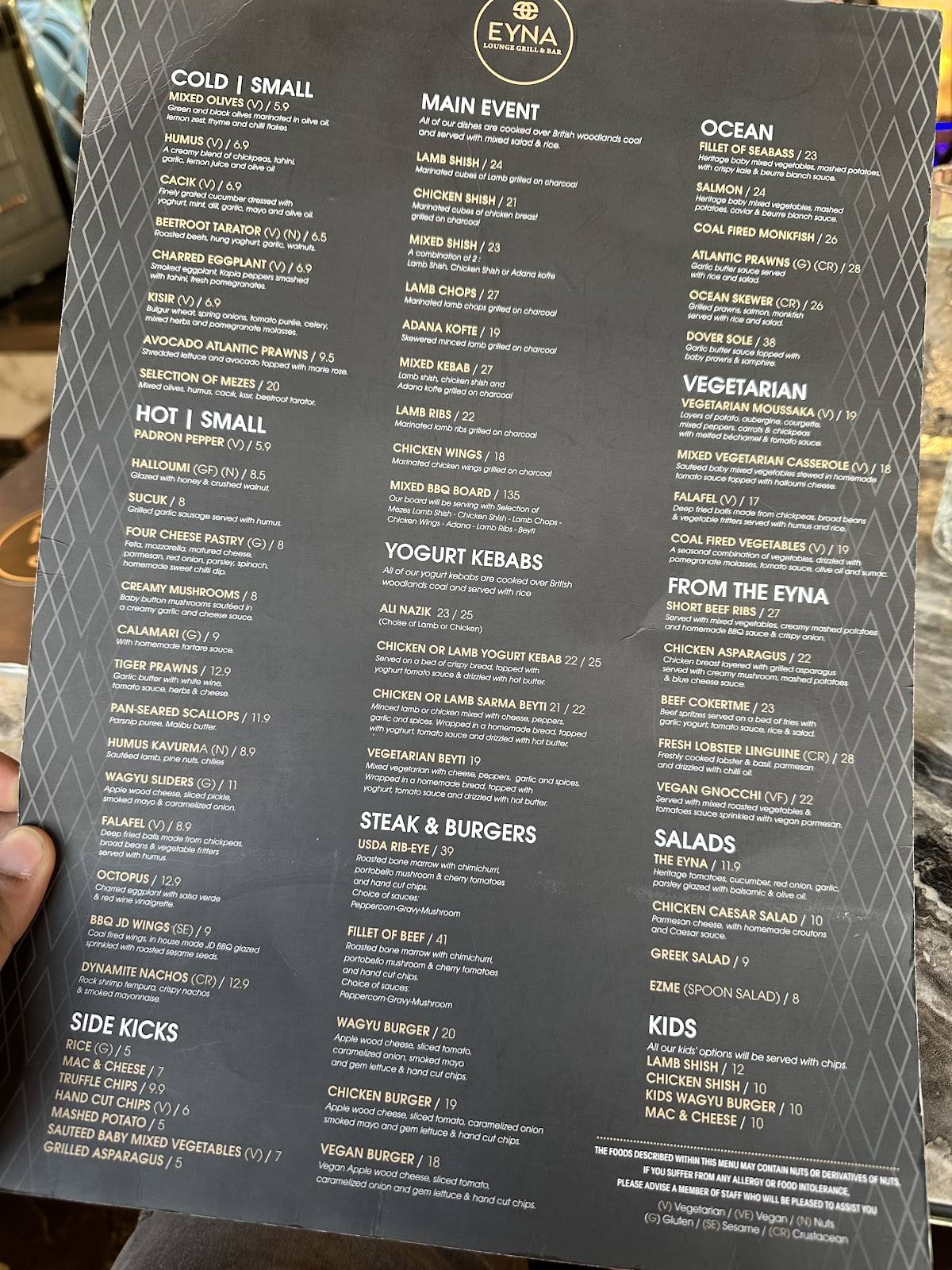 Menu at The Eyna restaurant, Basildon
