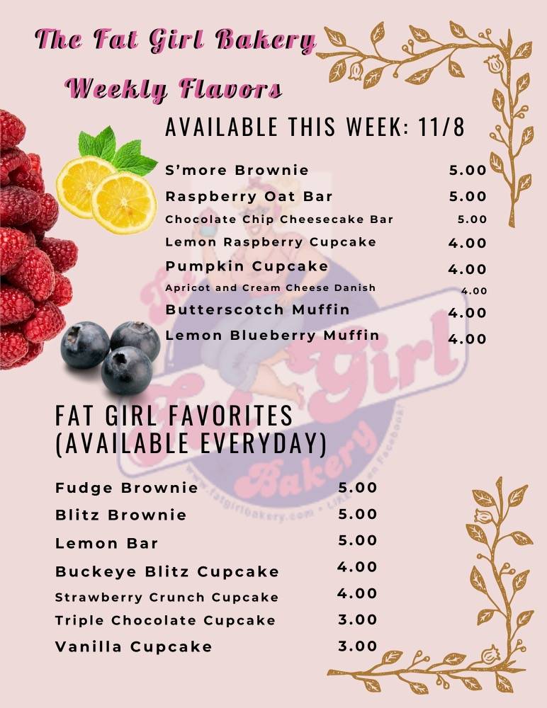 Menu at The Fat Girl Bakery, Lewis Center