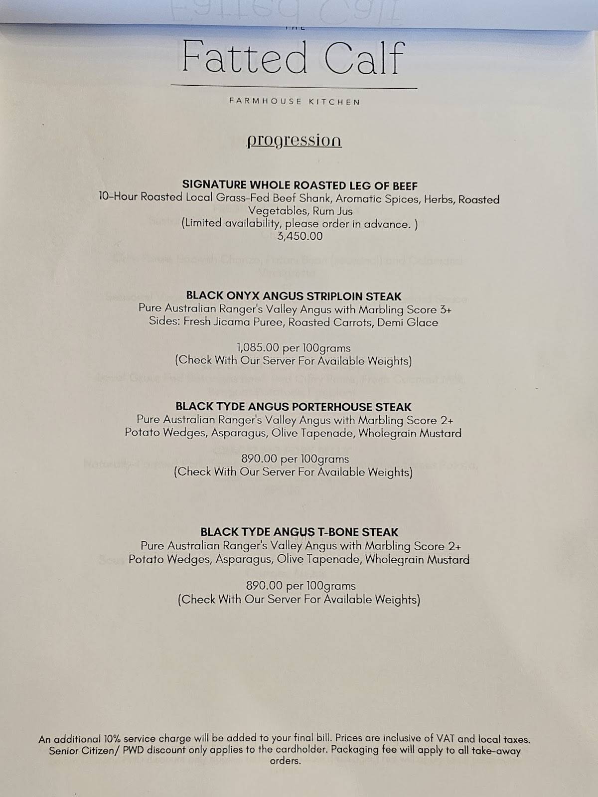 Menu at The Fatted Calf Tagaytay restaurant, Silang
