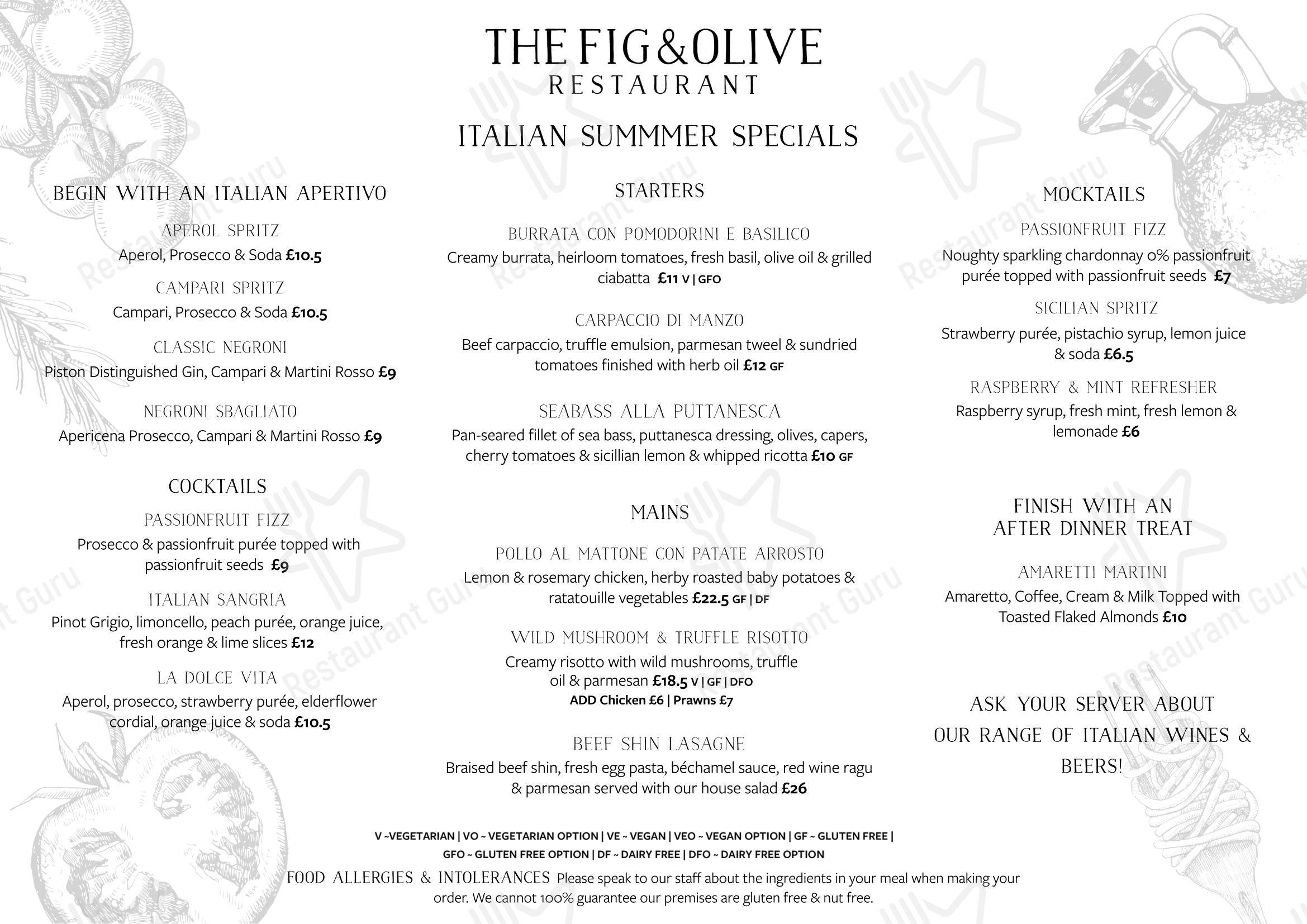 Menu at The Fig & Olive restaurant, Tamworth