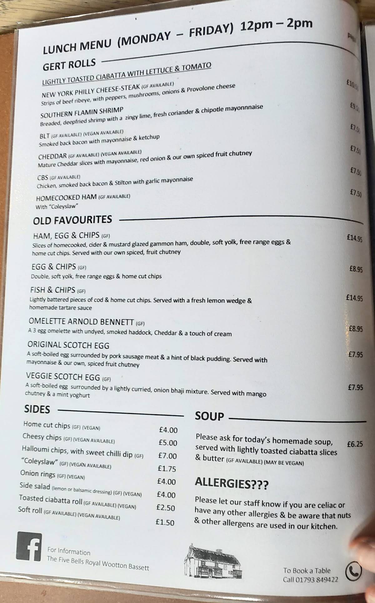 Menu at The Five Bells pub & bar, Swindon