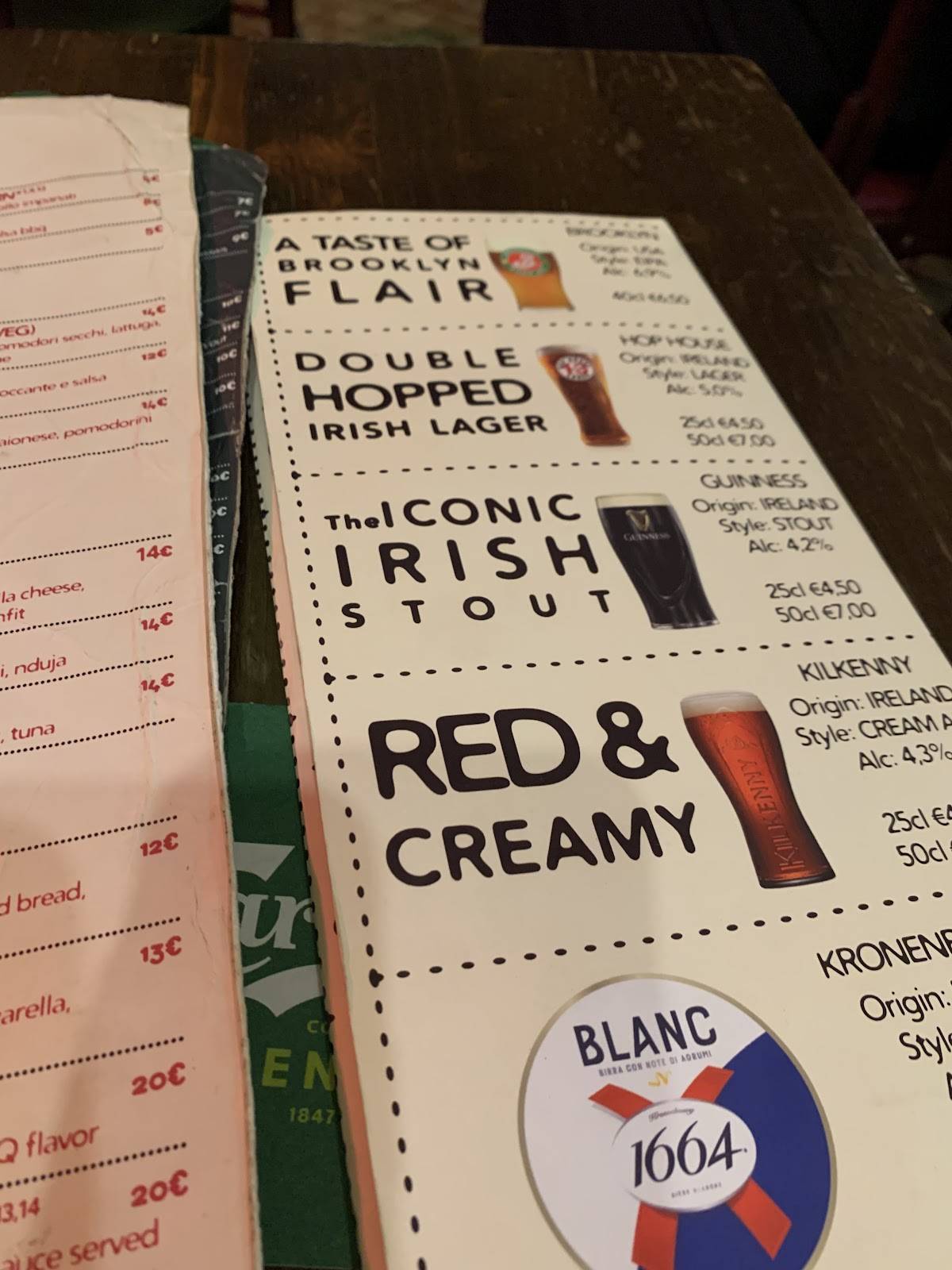 Menu at The Flann O'Brien pub & bar, Rome