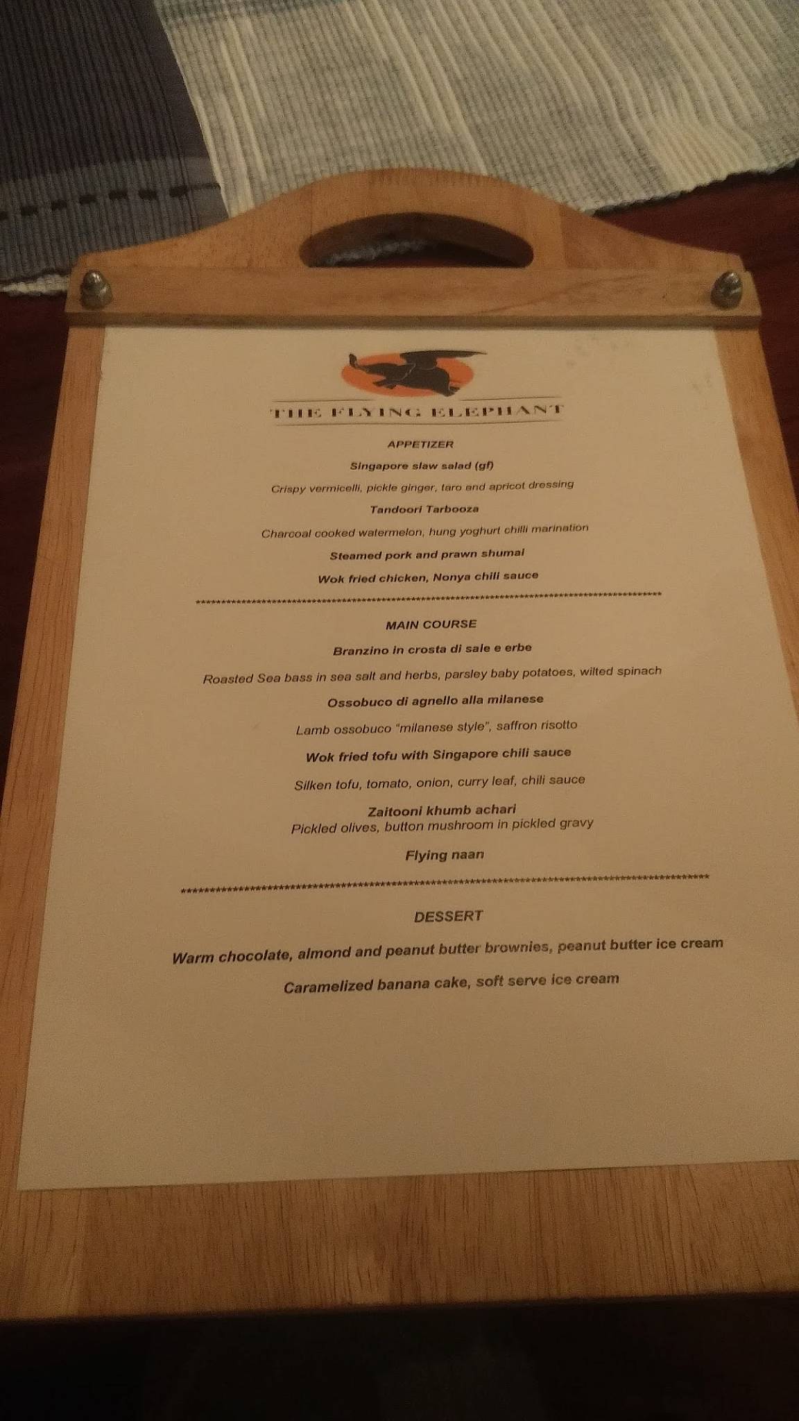 Menu at The Flying Elephant, Chennai, Raj Bhavan