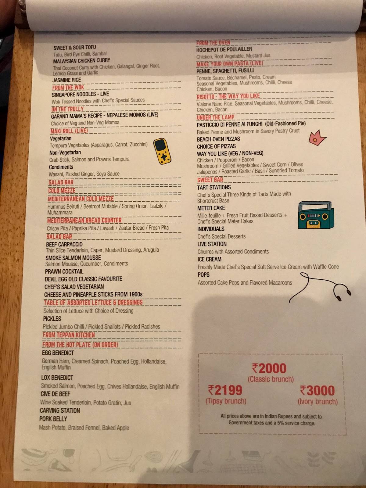 Menu at The Flying Elephant, Chennai, Raj Bhavan