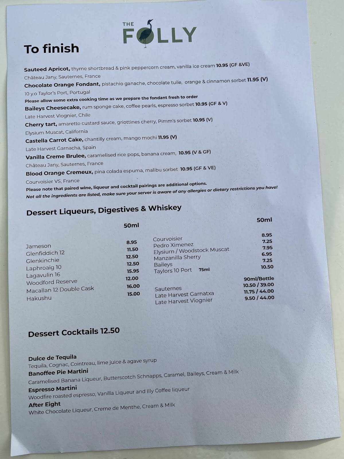 Menu at The Folly Restaurant, Oxford