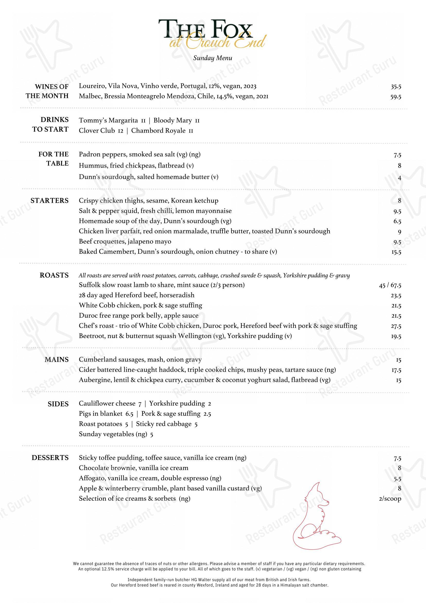 Menu at The Fox At Crouch End pub & bar, London