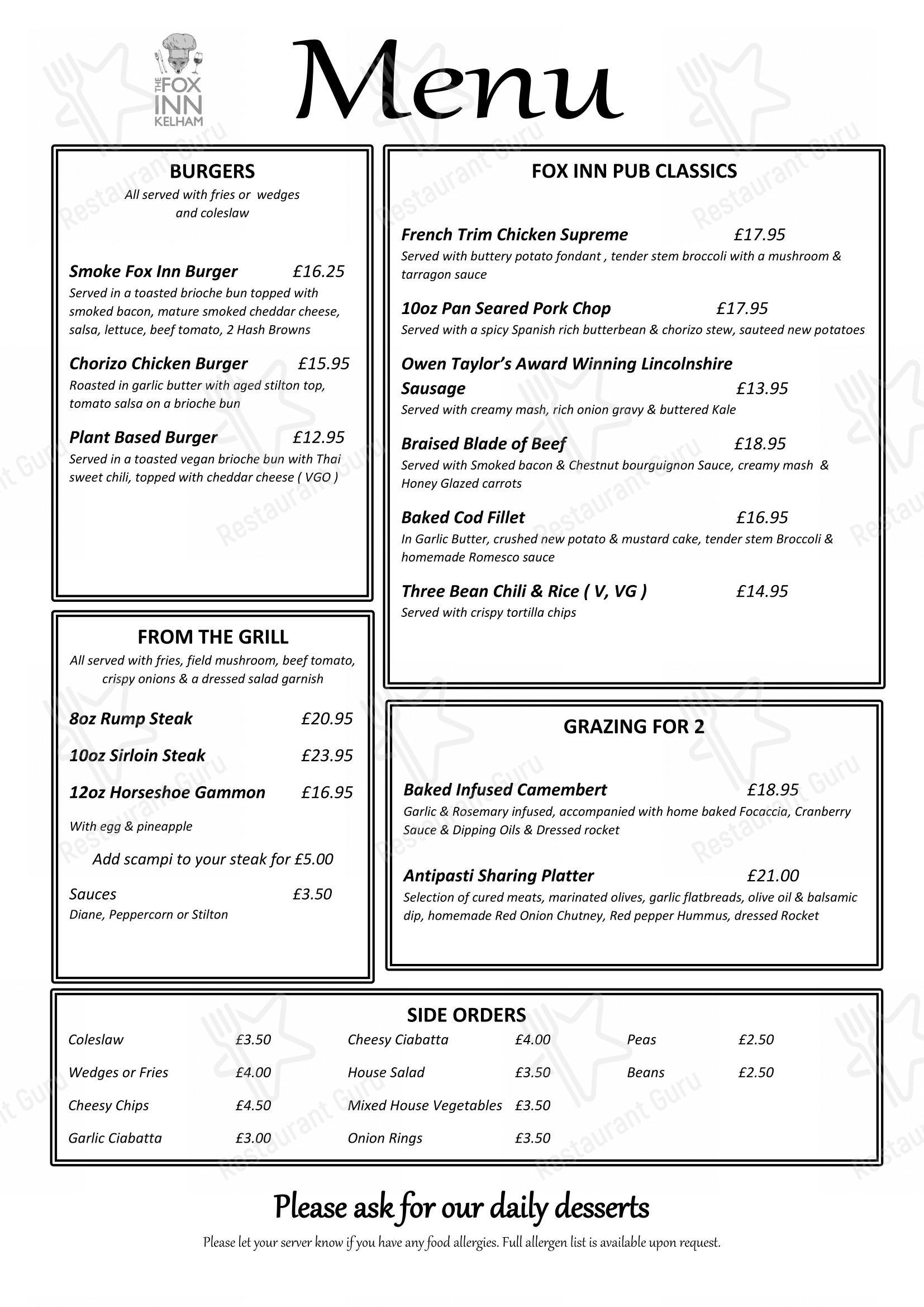 Menu at The Fox Inn pub & bar, Newark-on-Trent