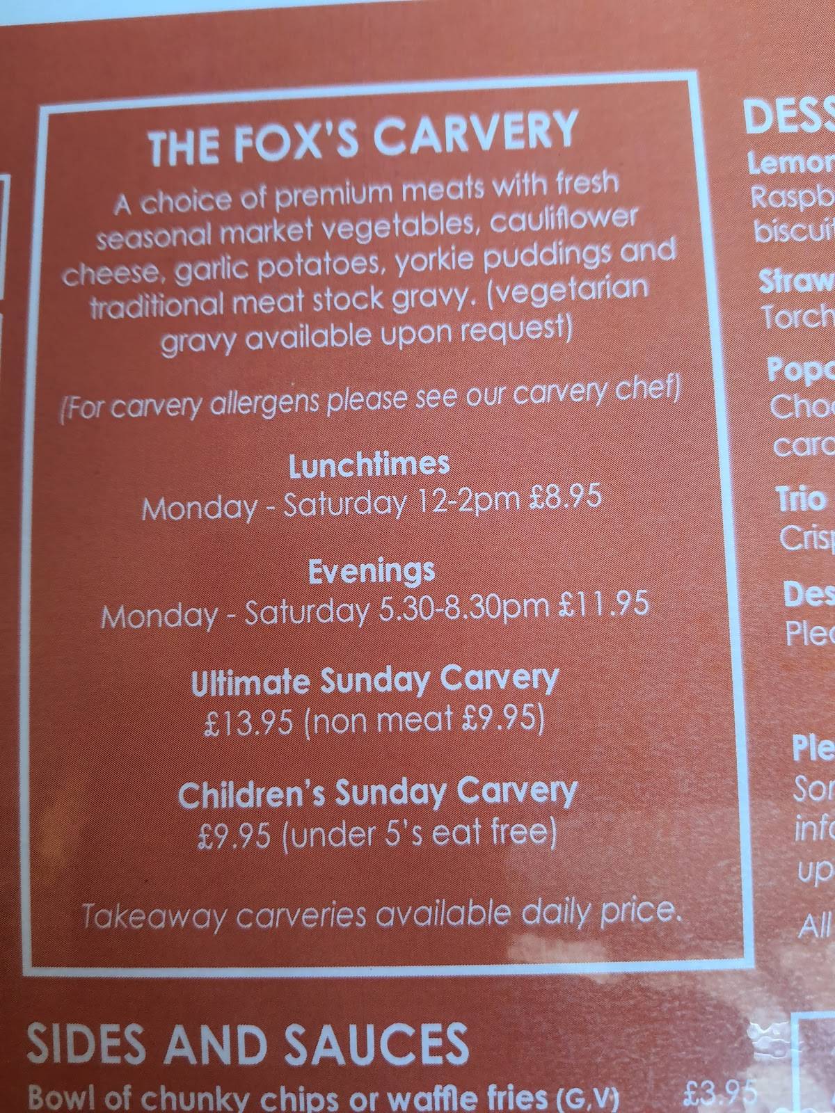 Menu at The Fox Inn restaurant, Chaddesley Corbett