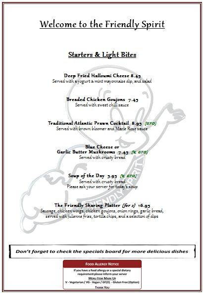 Menu at The Friendly Spirit pub & bar, Bridgwater