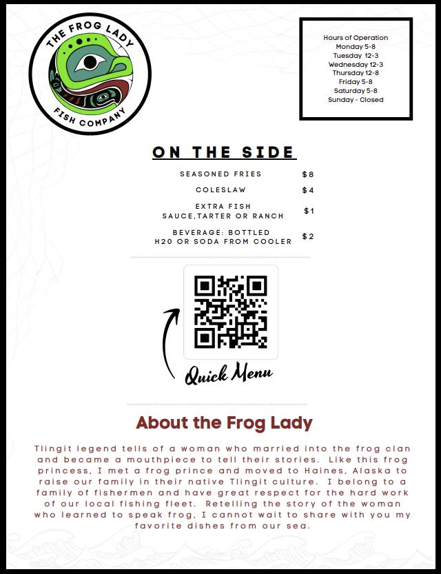 Menu at The Frog Lady Fish Company restaurant, Haines