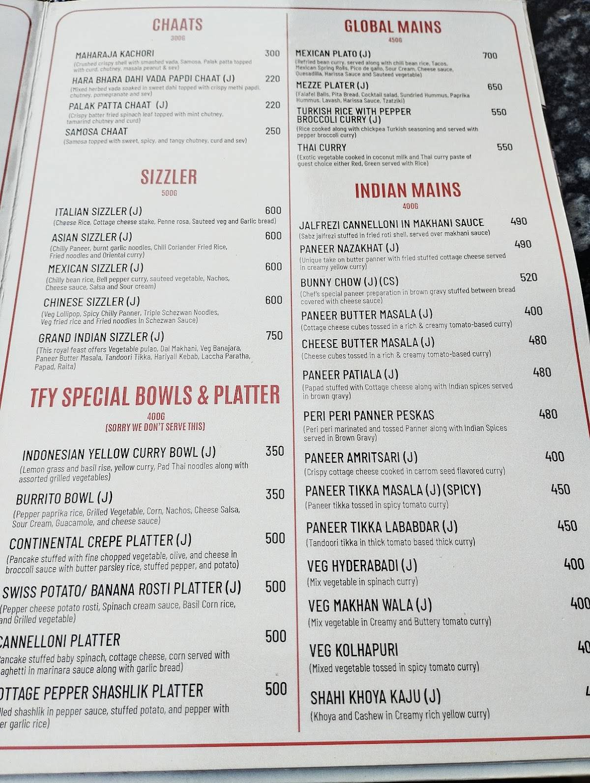 Menu at The Front Yard, Ahmedabad