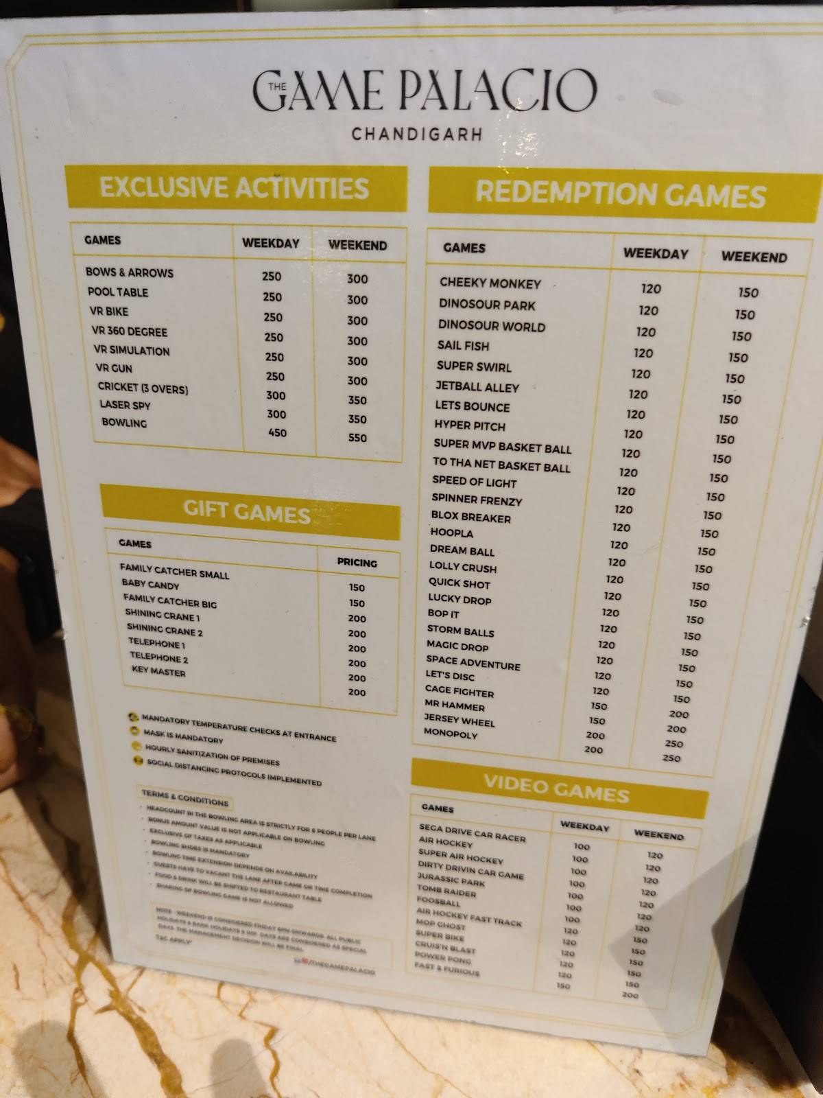 Menu at The Game Palacio, Chandigarh