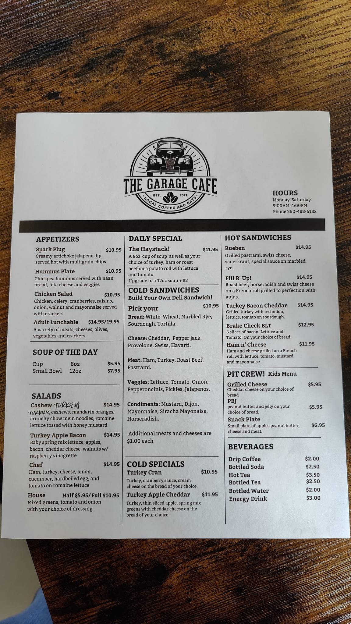 Menu at The Garage Cafe, Sedro-Woolley