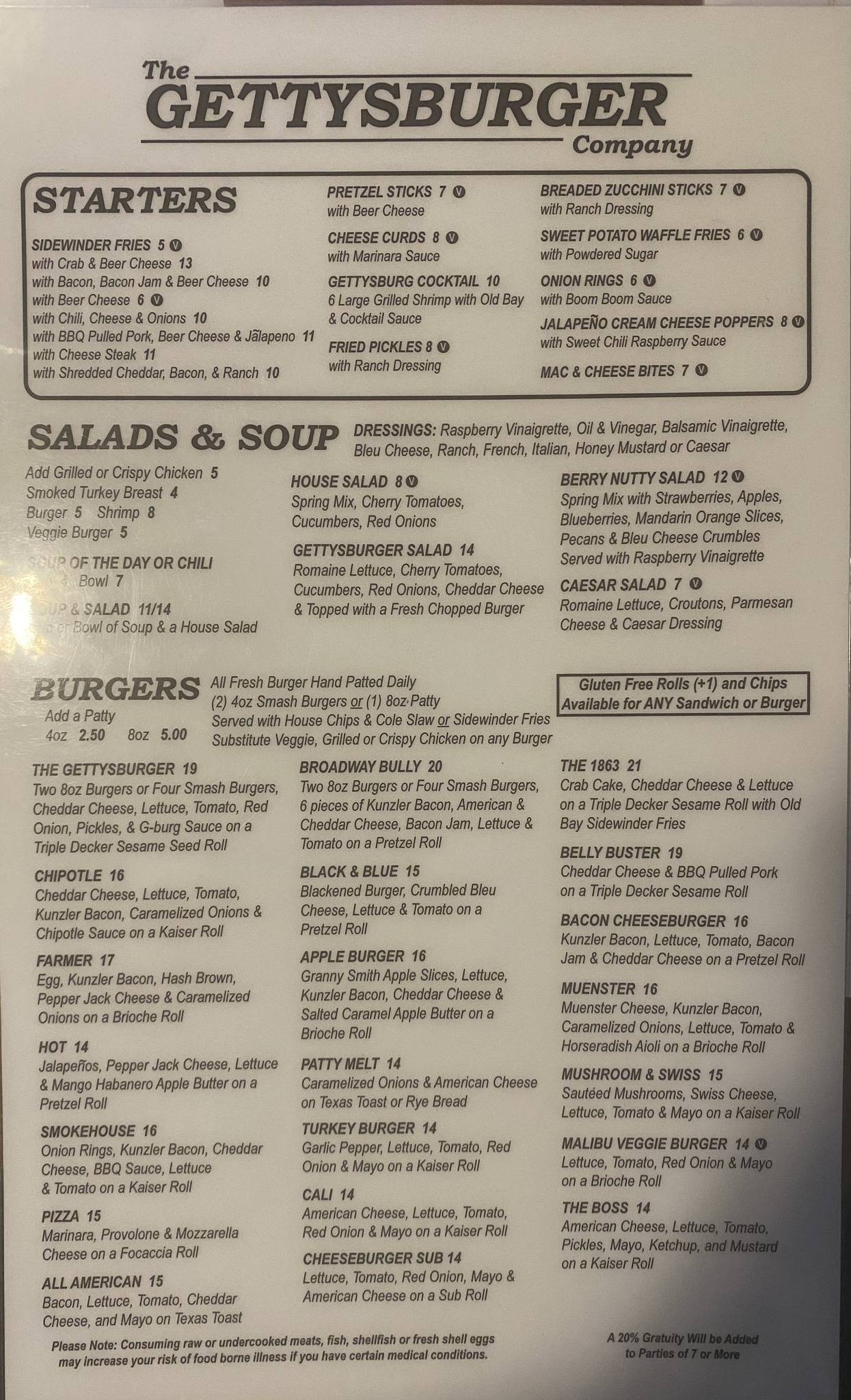 Menu at The Gettysburger Company pub & bar, Gettysburg