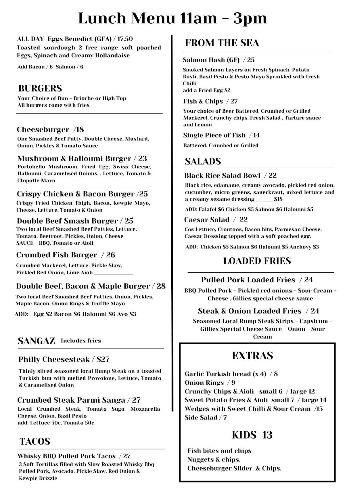 Menu at The Gillies cafe, Yungaburra