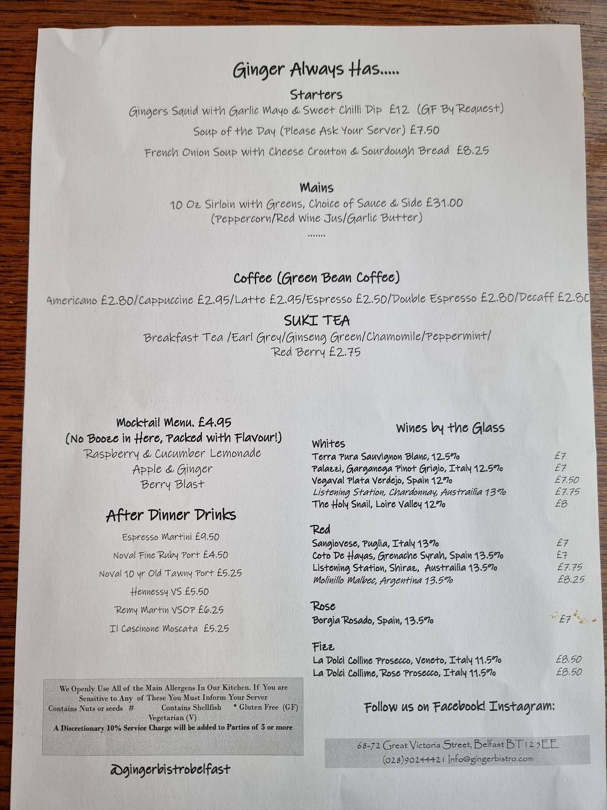 Menu at The Ginger Bistro restaurant, Belfast