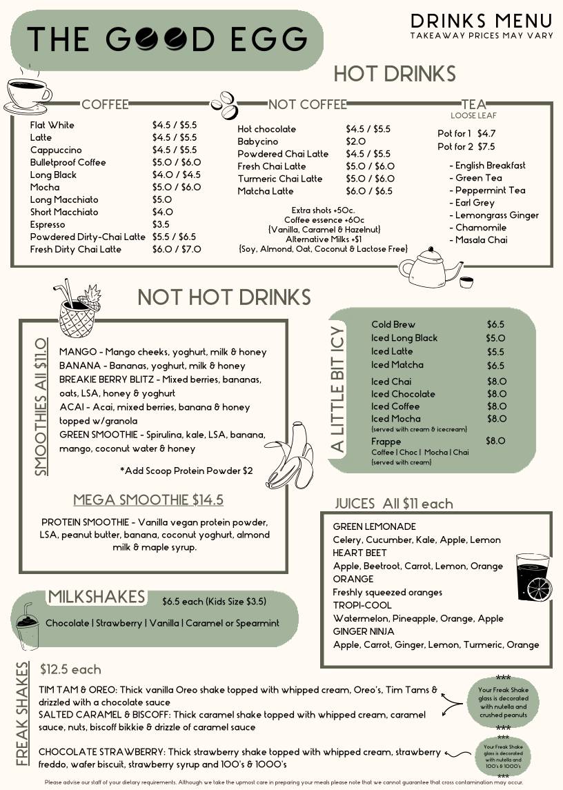 Menu at The Good Egg cafe, Busselton