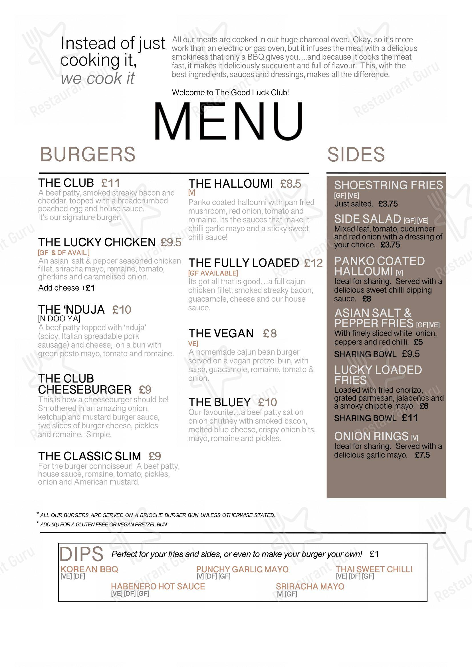 Menu at The Good Luck Club, Leeds
