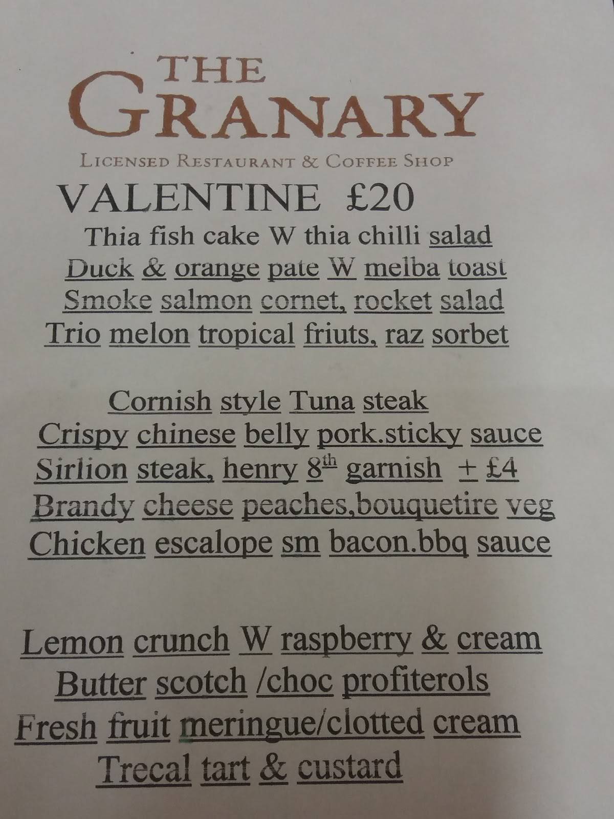 Menu at The Granary Restaurant, Wadebridge