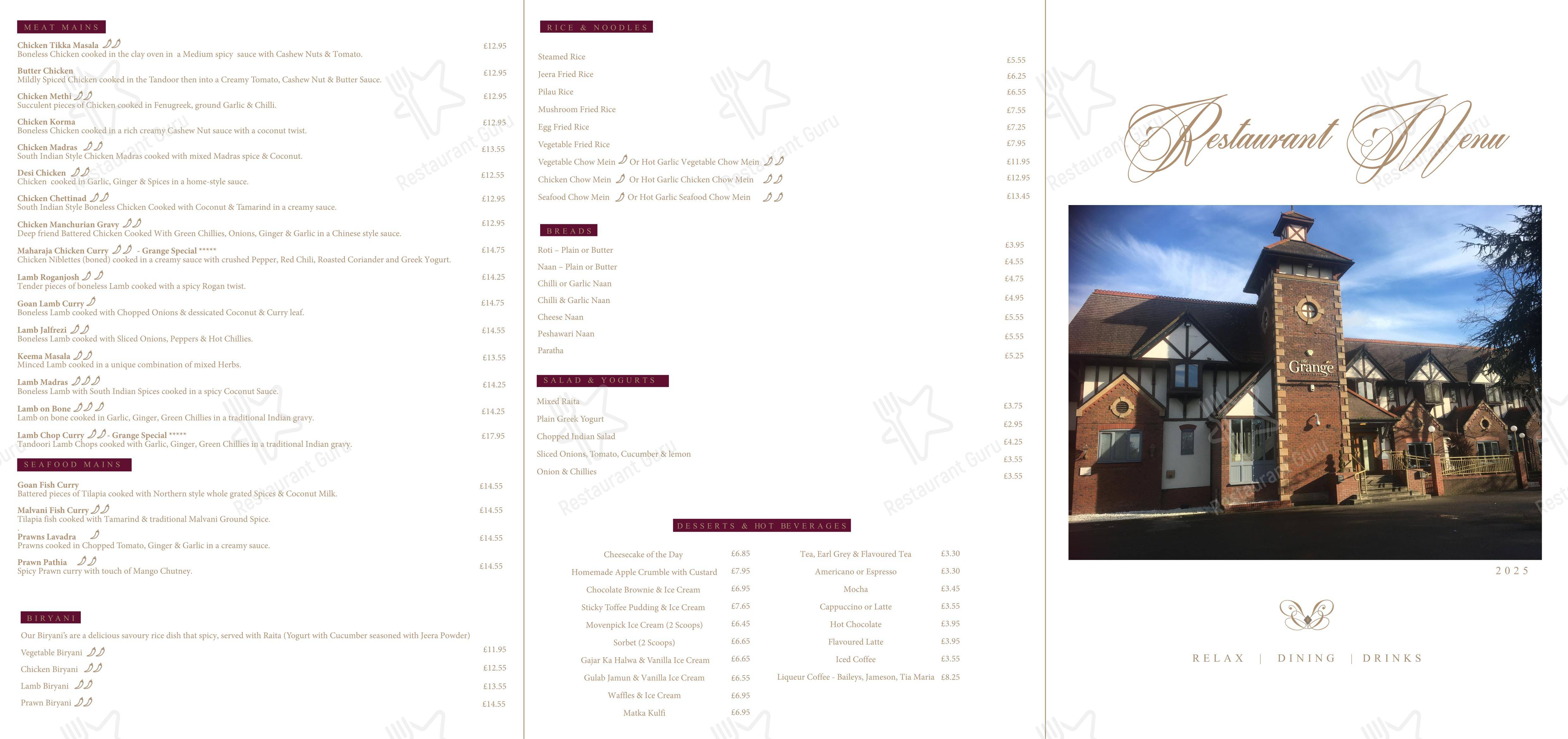 Menu at The Grange Restaurant, Wallington, Beddington Park