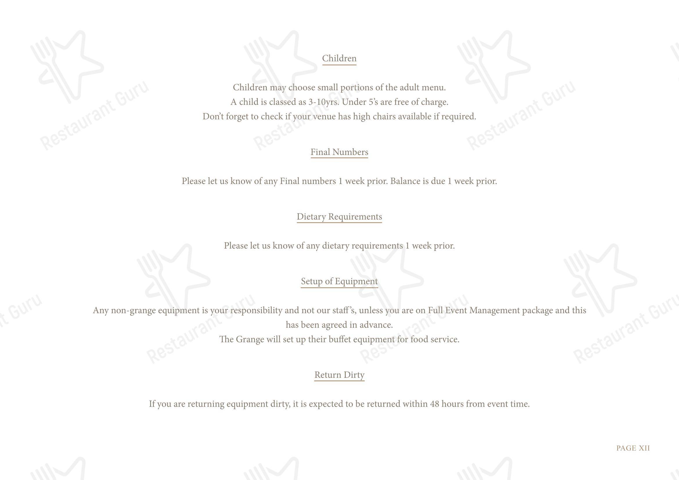 Menu at The Grange Restaurant, Wallington, Beddington Park