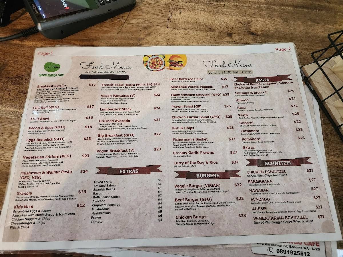 Menu at The Green Mango Cafe, Broome