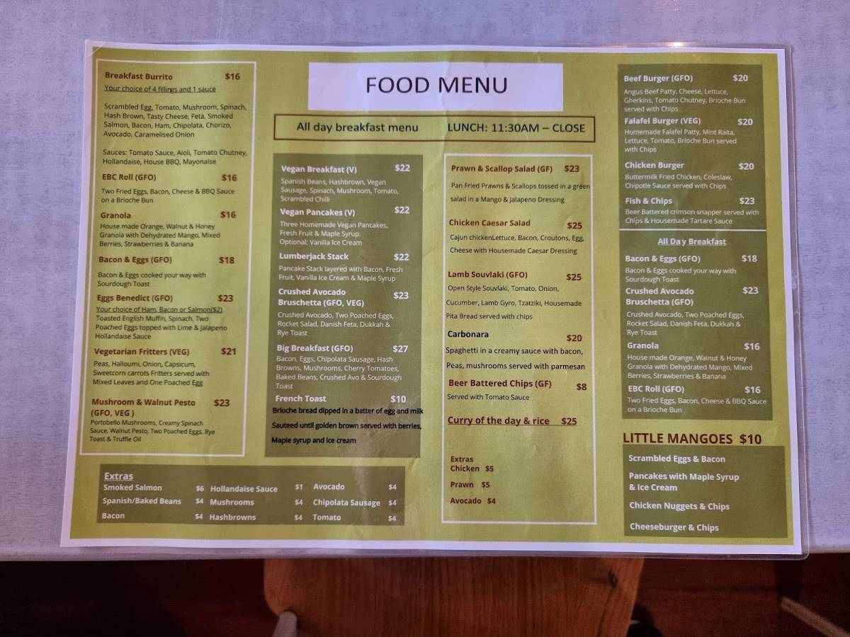 Menu at The Green Mango Cafe, Broome