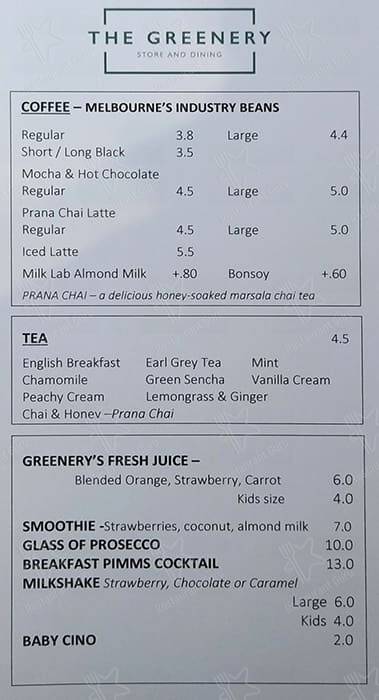Menu at The Greenery restaurant, Williamstown