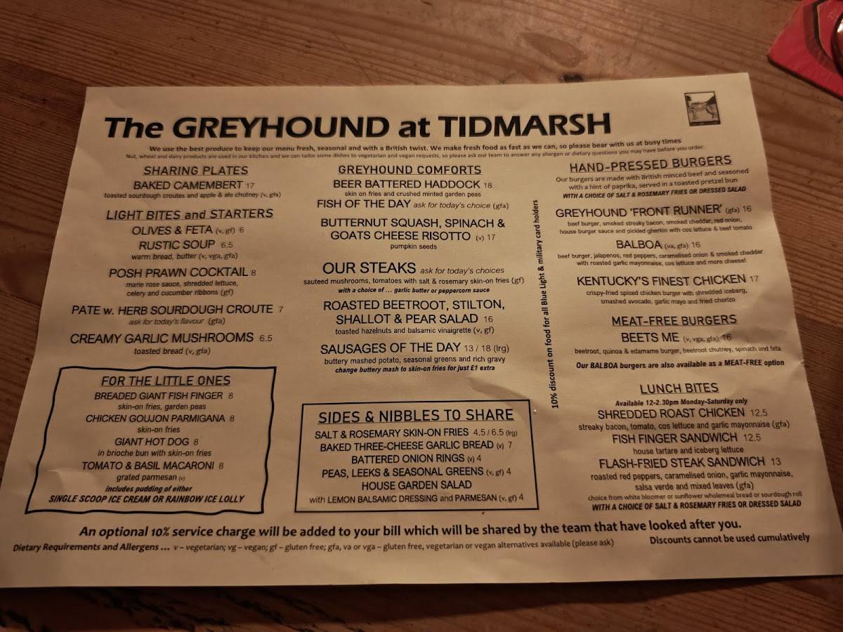 Menu at The Greyhound at Tidmarsh pub & bar, Reading