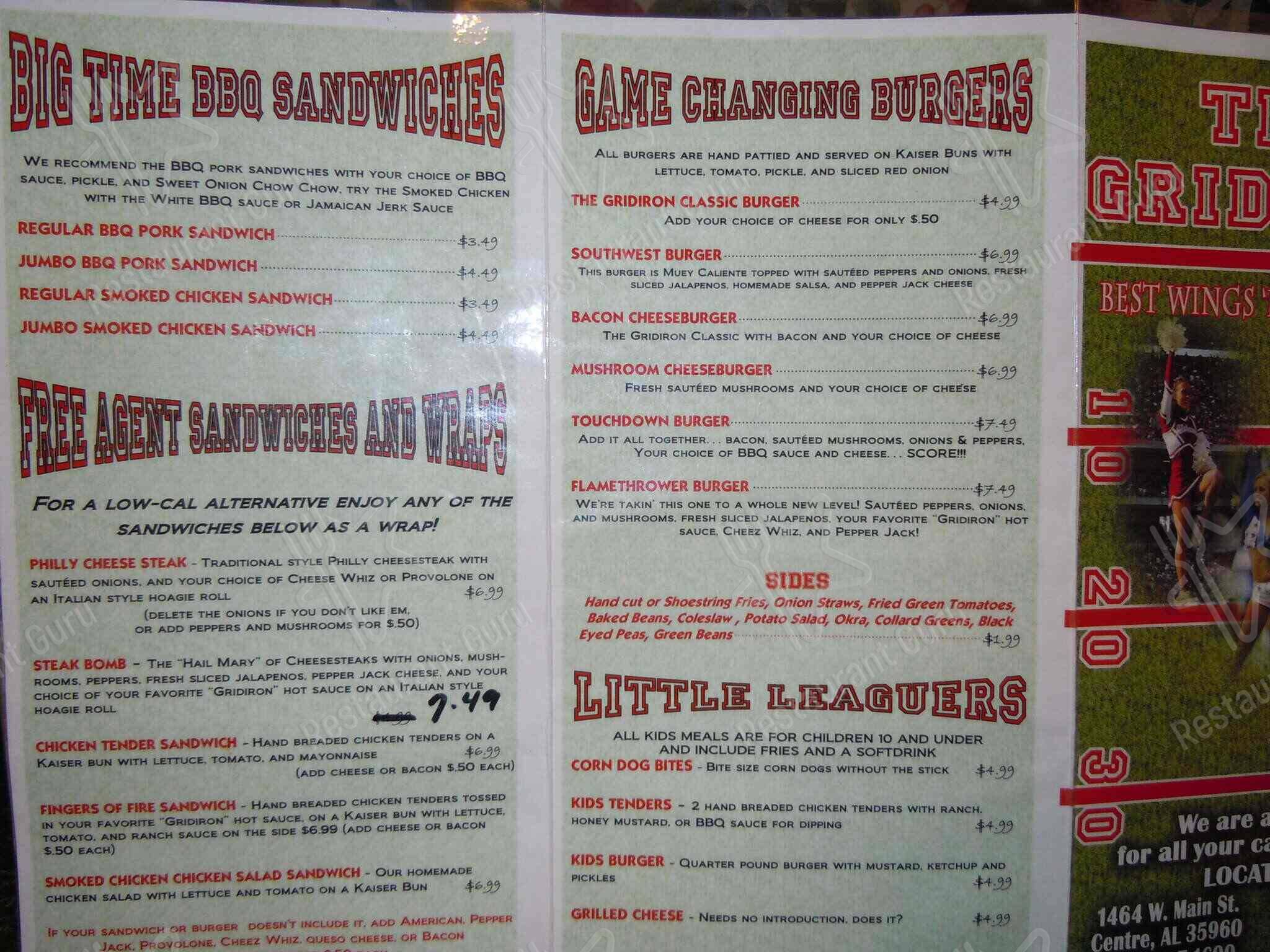 Menu at The Gridiron of Centre restaurant, Centre