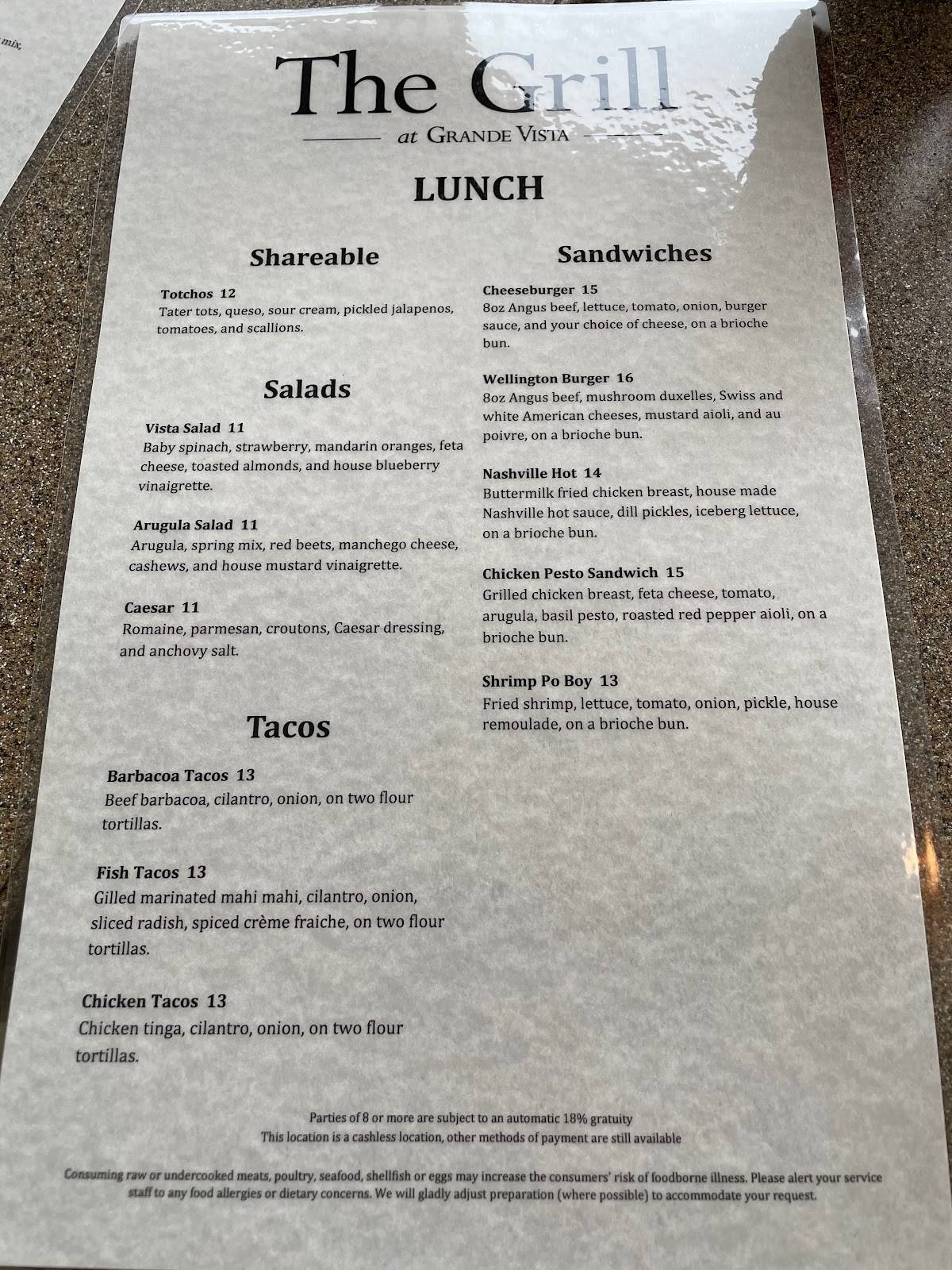 Menu at The Grill at Grande Vista steakhouse, Orlando, Ave Verde