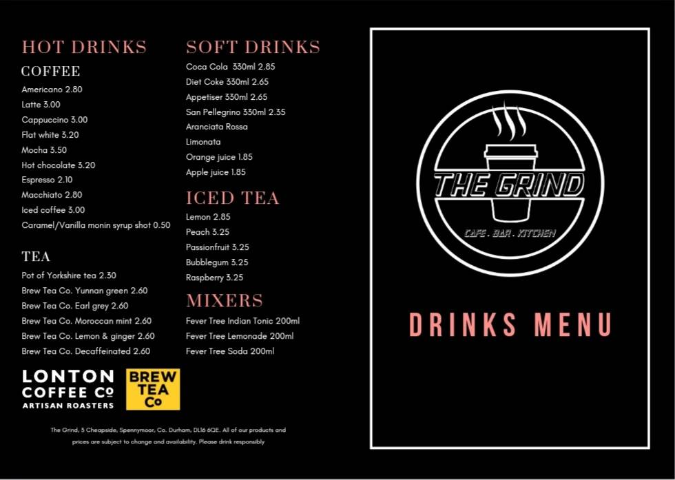 Menu at The Grind cafe, Spennymoor