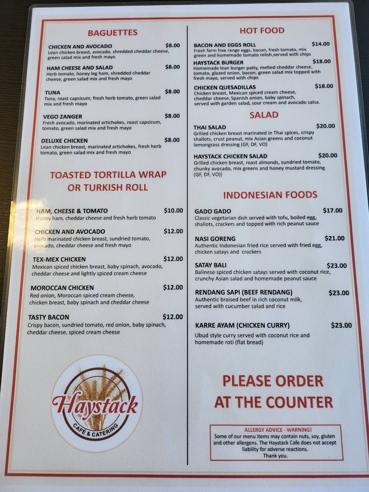 Menu at The Haystack Cafe, Wangara