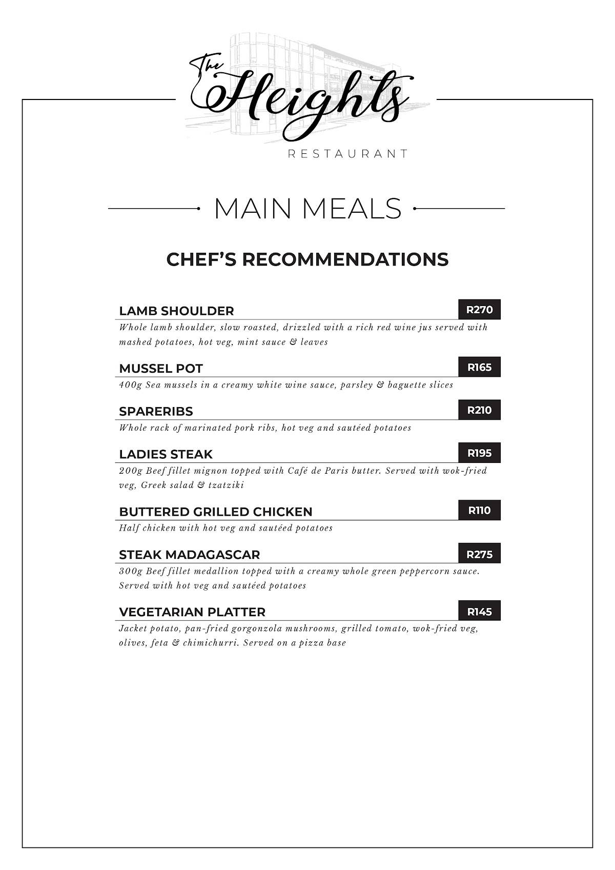 Menu at The Heights Restaurant & Bistro, Kimberley