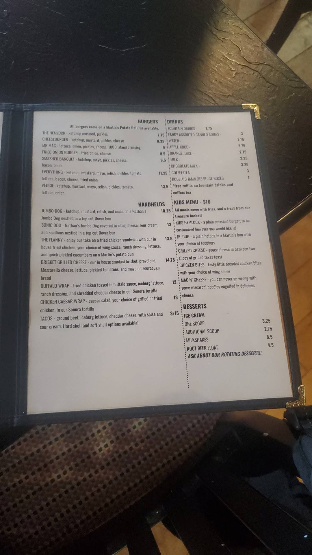 Menu au The Hemlock Barn, Waterloo